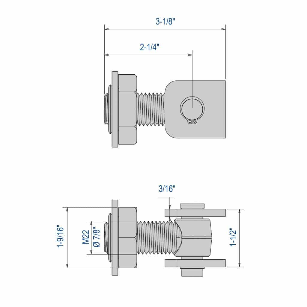 Weld-on hinge with adjustable weld-on clevis M22 - Slid'up Canada